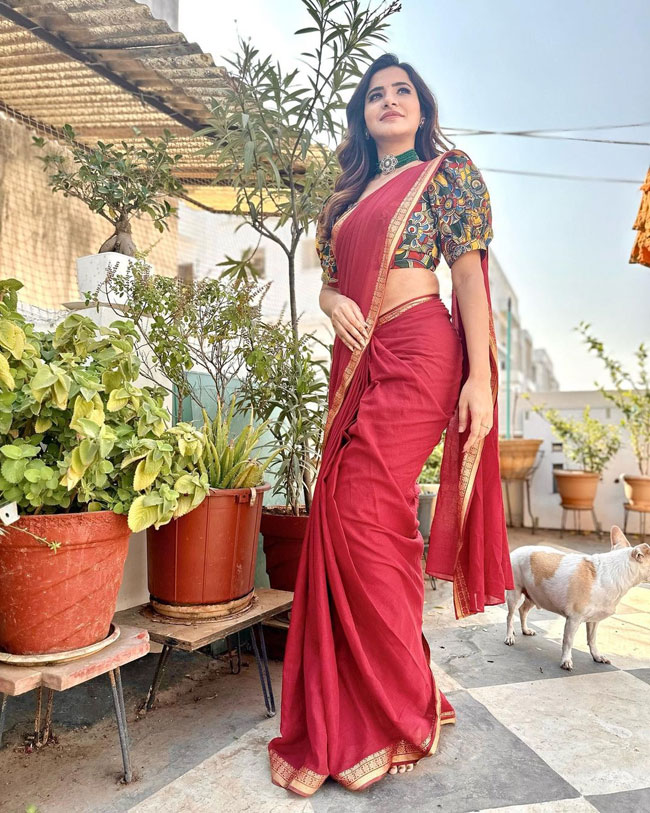 Delightful Poses Of Ashu Reddy In Red Saree