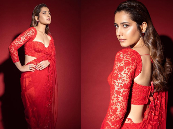 Raashi Khanna Ravishing Looks In Red Saree